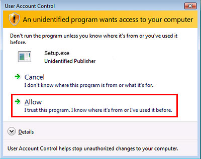 The User Account Control dialog box is displayed to warn you about an ...